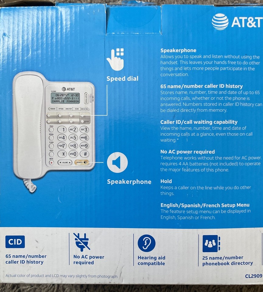 AT&T CL2909 Corded Speakerphone Caller ID - White - 1 Handset (CL2909 ...