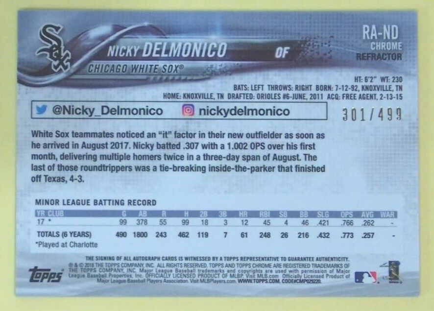 BB Nicky Delmonico 2018 Topps Chrome Rookie Autographs Refractors #RAND ...