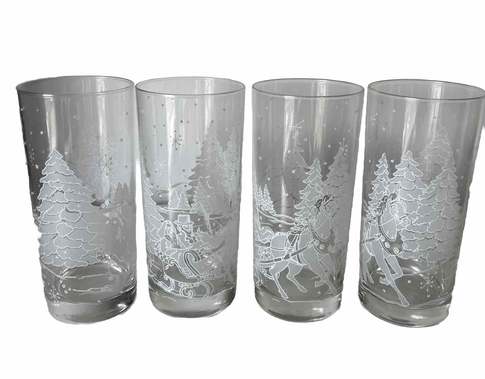 Frosted Winter Scene Tall Clear Drinking Glasses Barware 14 oz Set Of 4 ...