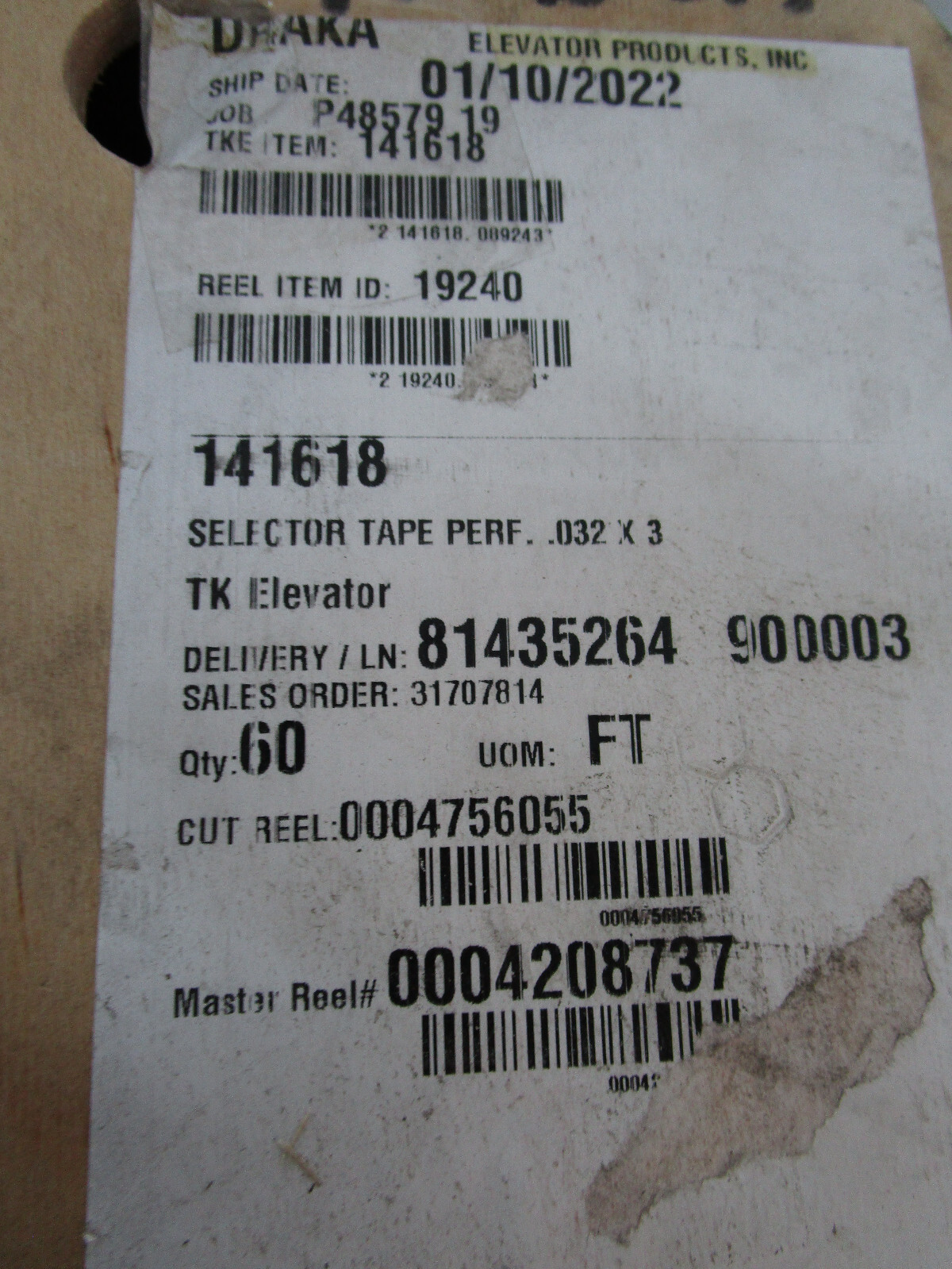 141618 DRAKA ELEVATOR SELECTOR TAPE 60 ft .032X3" Perferated TK ...