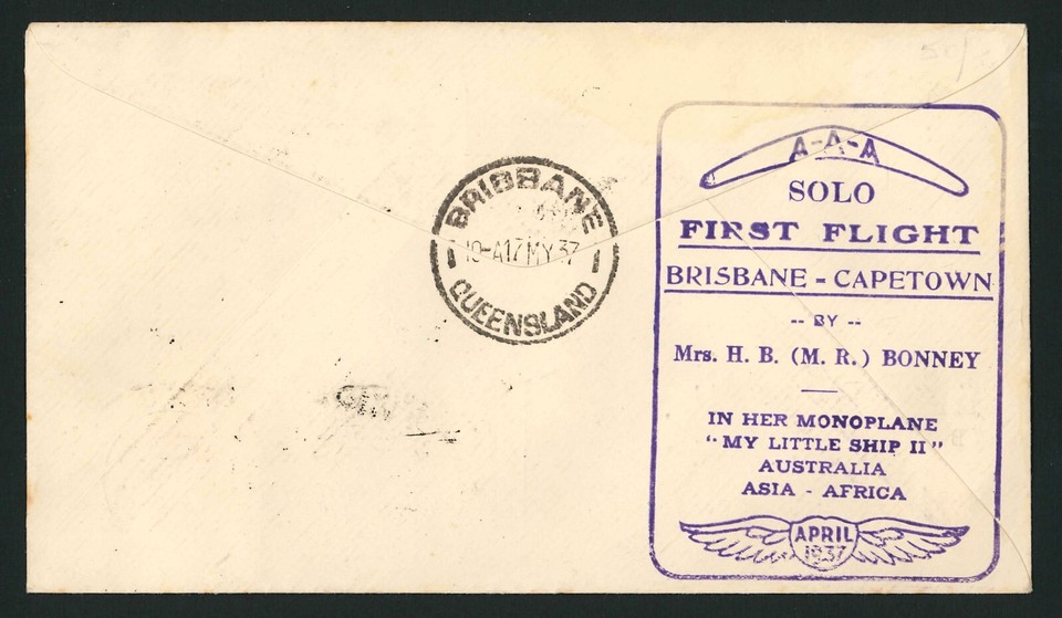 1937 Mrs Bonney Solo First Flight Brisbane-Cape Town, pass through ...