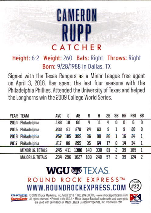 2018 Round Rock Express Choice #22 Cameron Rupp Dallas Texas TX ...