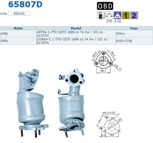 Katalysator Opel Astra 1.7TD CDTI 1686cc 74Kw/101cv Z17DTH 3/04 ...