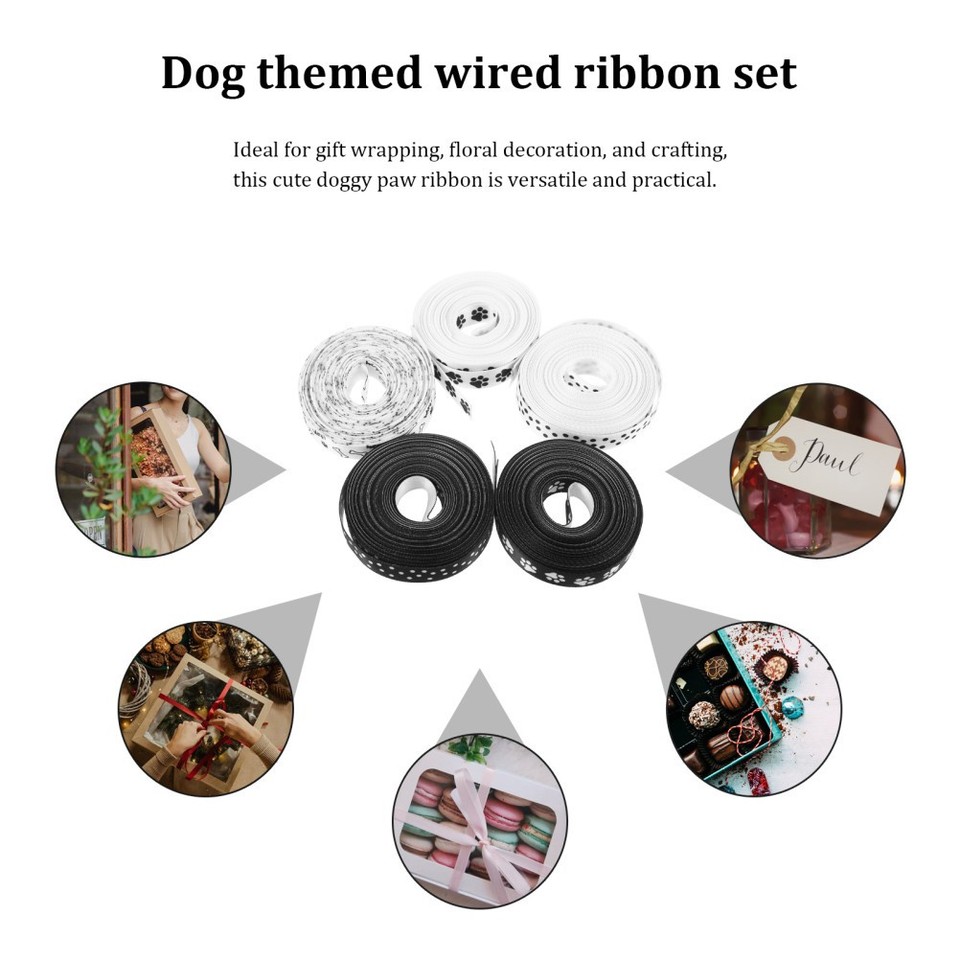 5 Rolls of Dog Ribbon for Crafts: Wired Paw & Bone Print Wired Ribbon 5 ...