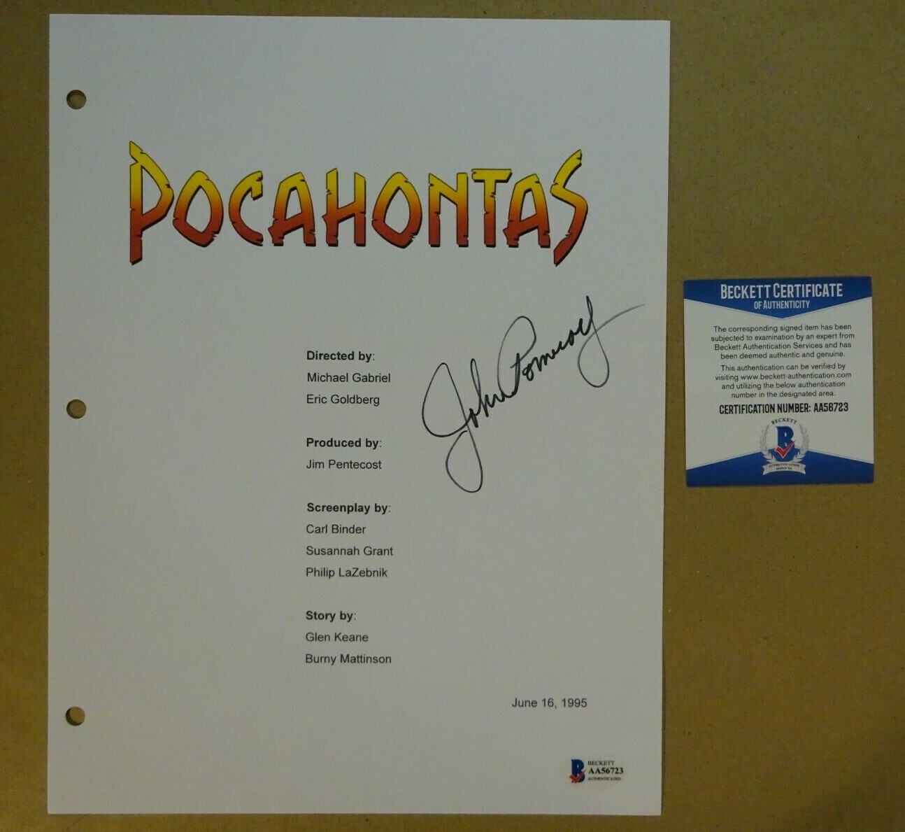 Autographed JOHN POMEROY Signed Disney POCAHONTAS Script Cover BECKETT ...