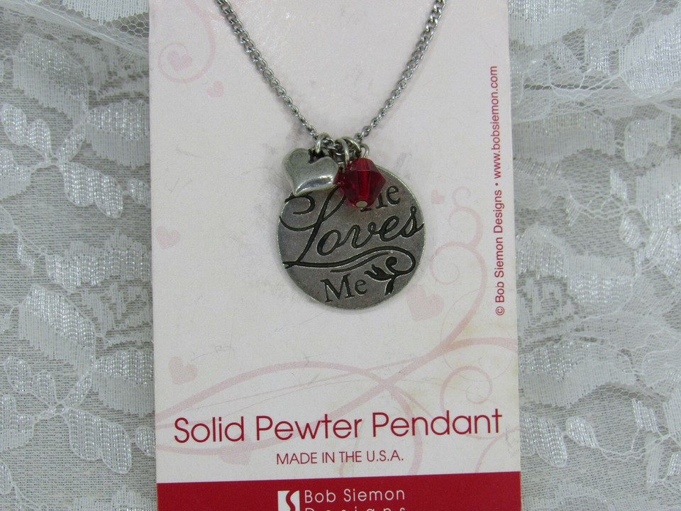 New Bob Siemon Designs Solid Pewter Christian Necklace ~ He Loves Me ...