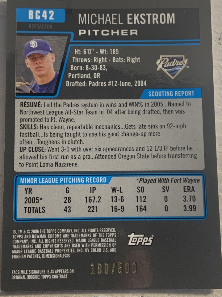 2006 Bowman Chrome Prospects Refractors #BC42 Michael Ekstrom Padres ...
