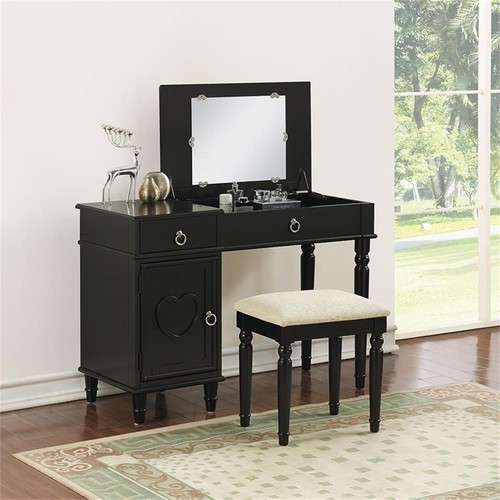 Poundex Furniture Wood Vanity Set with Stool and Mirror in Black | eBay