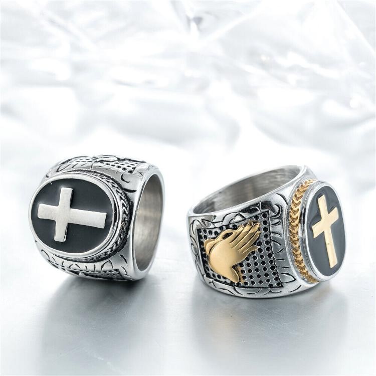 Men Prayer Hand Christian Holy Cross Ring Band Enamel Gifts Stainless ...