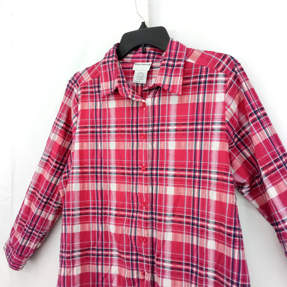 BonWorth Shirt Women Size MP Red Plaid Long Roll Tab Sleeves Collared ...