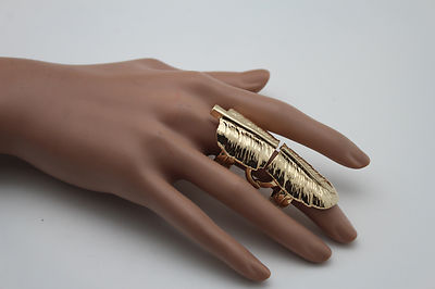 New Women Gold Metal Ring Long Leaf Fashion Jewelry Long Finger Size ...
