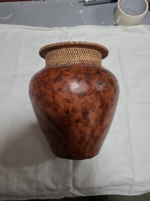 VINTAGE 1970s clay pottery vase with wicker rattan top brown spotted | eBay
