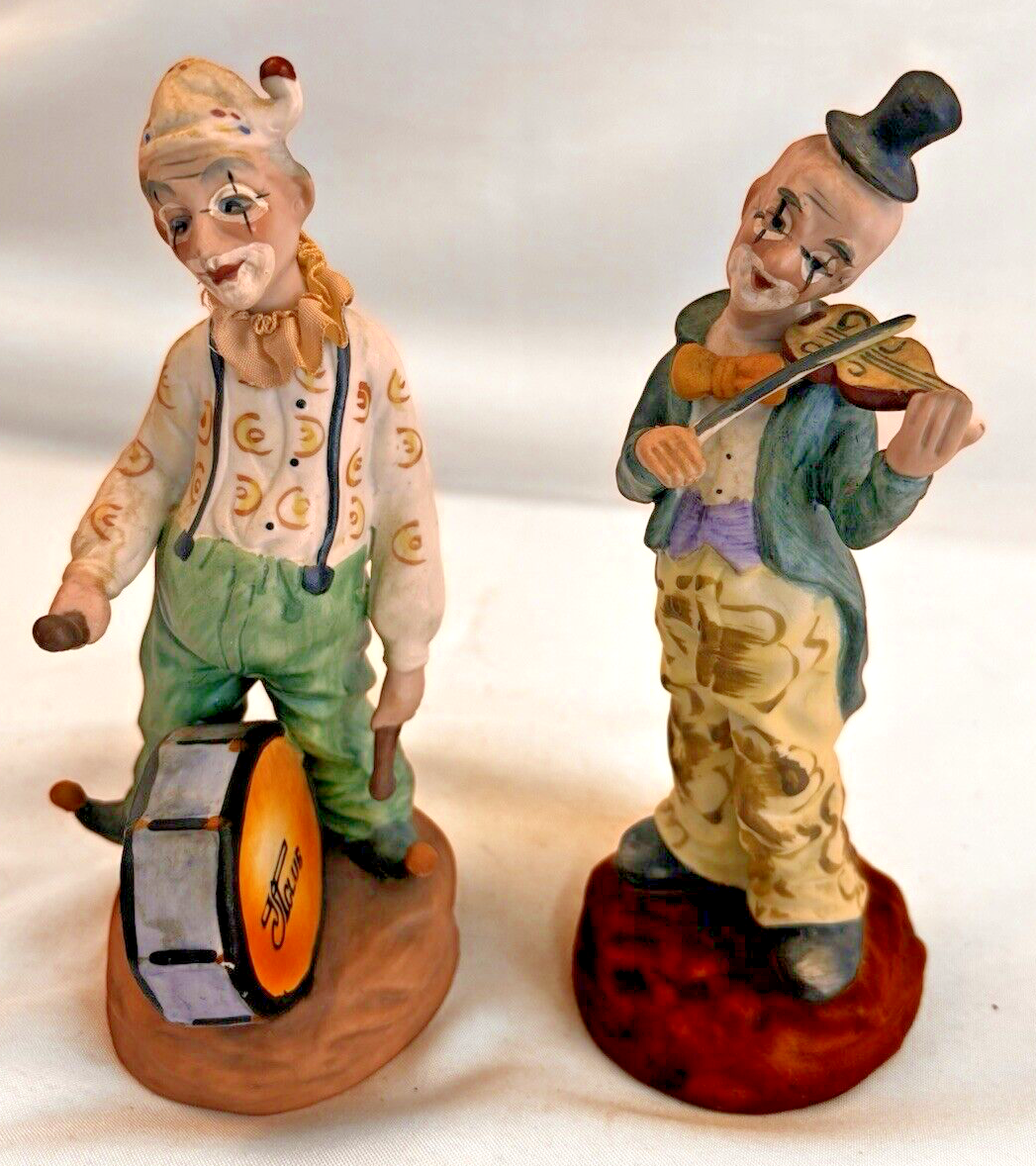 Pair of Clown Figurines playing instruments (violin and bass drum) | eBay
