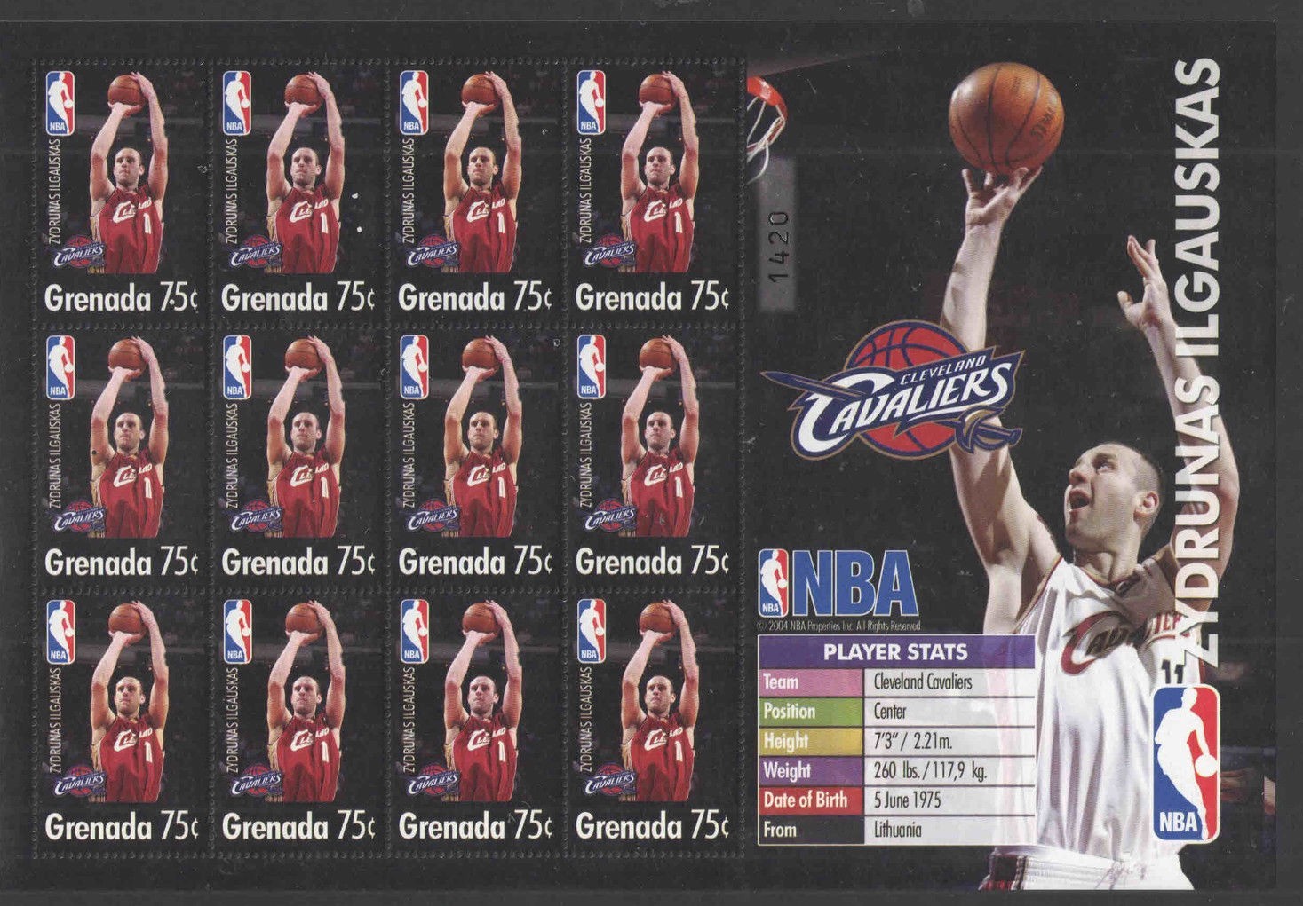 Grenada - Zydrunas Ilgauskas NBA Cavaliers Player - Sheet of 12 Stamps ...