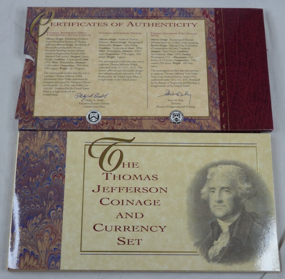 1993 Thomas Jefferson Coin & Currency Set $2 Note Dollar Silver Dollar ...