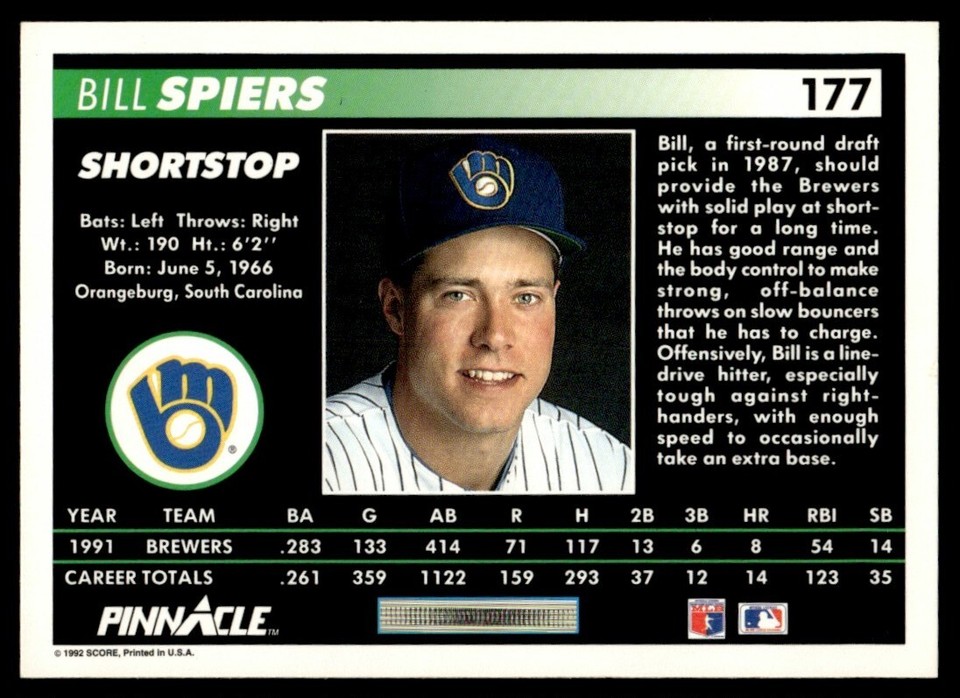 1992 Pinnacle #177 Bill Spiers Milwaukee Brewers | eBay