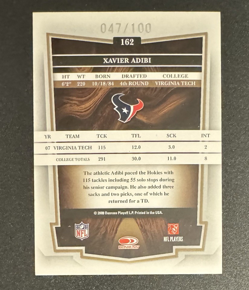 Xavier Adibi 2008 Donruss Classics ROOKIE Timeless Tributes Silver /100 ...