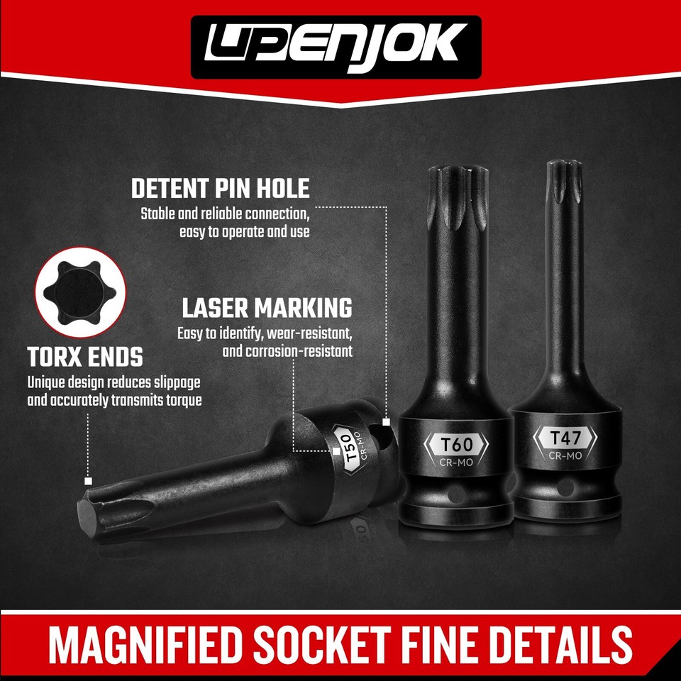 8-Pcs 1/2" Drive Impact Torx Bit Socket Set，T30-T70，Impact Star Bit ...