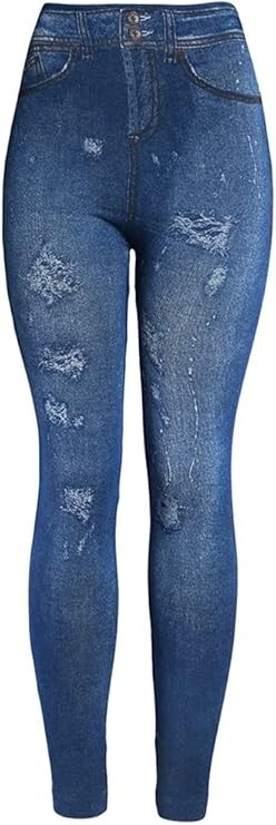 High Waist Women's Denim Print Fake Faux Jeans Leggings Pants | eBay
