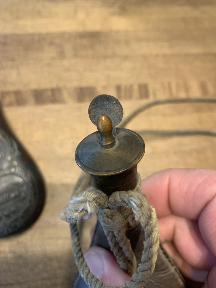 Antique Black Powder Flask & Shot Pouch - Brass & Leather- Rabbit & Dog ...