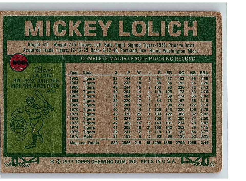 1977 Topps Baseball Card Single - #565 Mickey Lolich | eBay