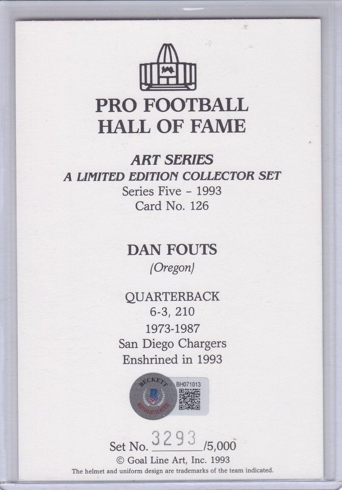 Dan Fouts AUTO Signed Goal Line Art Card Beckett BAS Authenticated HOF ...