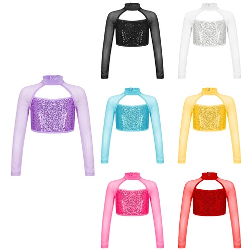 Girls Shiny Sequins Dance Crop Tops Mesh Spliced Long Sleeve Ballet ...