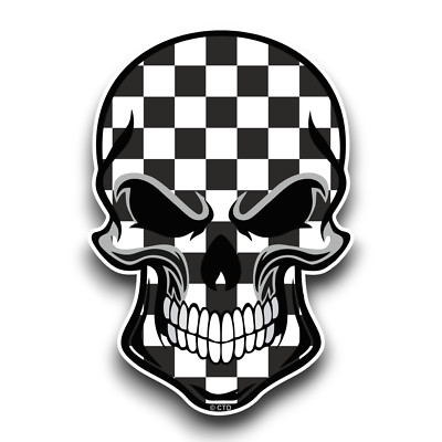 Gothic Biker Skull With B&W Chequered Flag Vinyl Sticker Decal 110x75mm ...