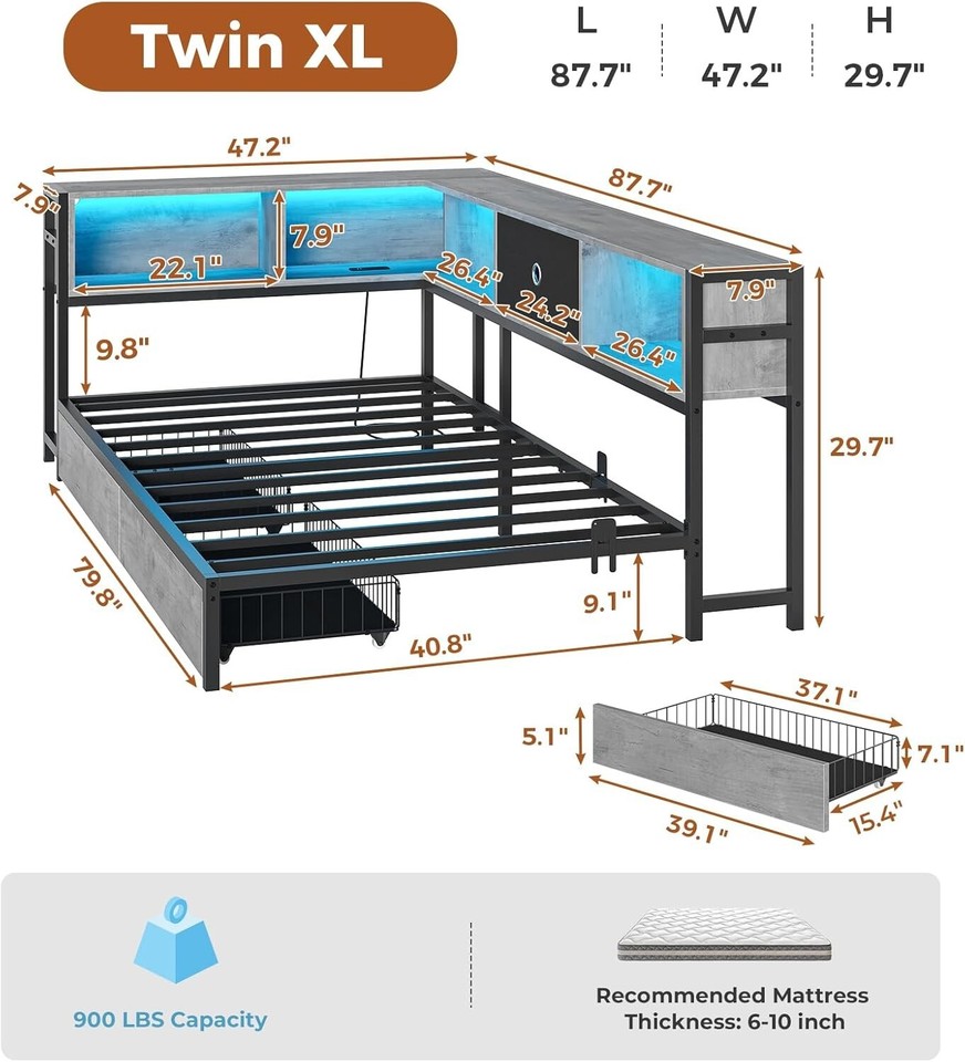 Twin XL Size Corner Bed Frame with Led Lights,Charging Station,Gray ...
