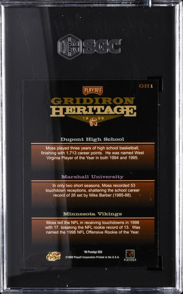 1999 PLAYOFF PRESTIGE SSD GRIDIRON HERITAGE #GH1 RANDY MOSS SGC 10 GM ...