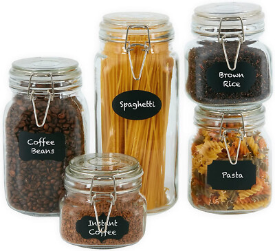 5 x CLIP TOP GLASS STORAGE JARS AIRTIGHT VINTAGE KITCHEN CONTAINERS ...