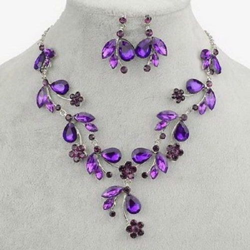 Silver necklace pendant & earrings Purple flowers & crystal ! Gift ...