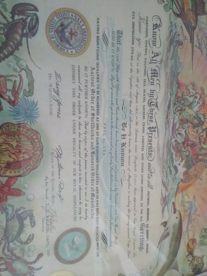 FRAMED 1962 Issued Shellback Imperium Neptuni Regis Certificate Paul E ...