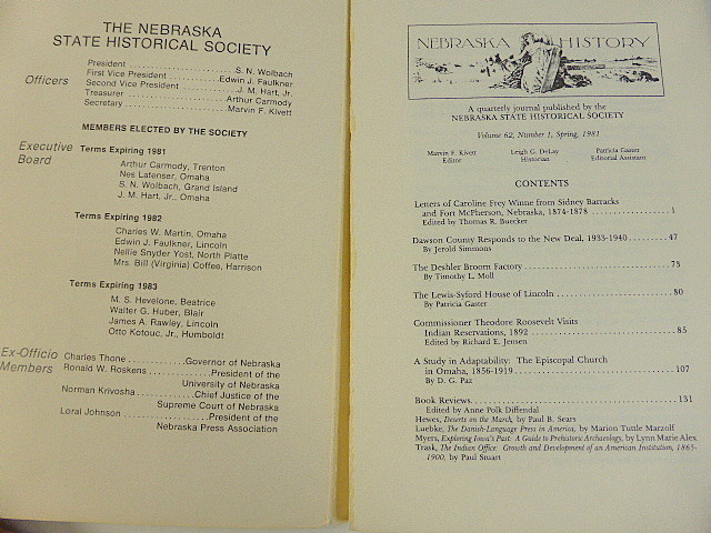 Nebraska History-Quarterly Magazine Vol 62, No. 1 Spring 1981 SC | eBay