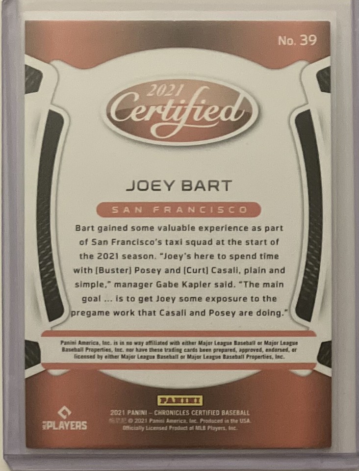 2021 Panini Chronicles Certified JOEY BART RC #39 Rookie San Francisco ...