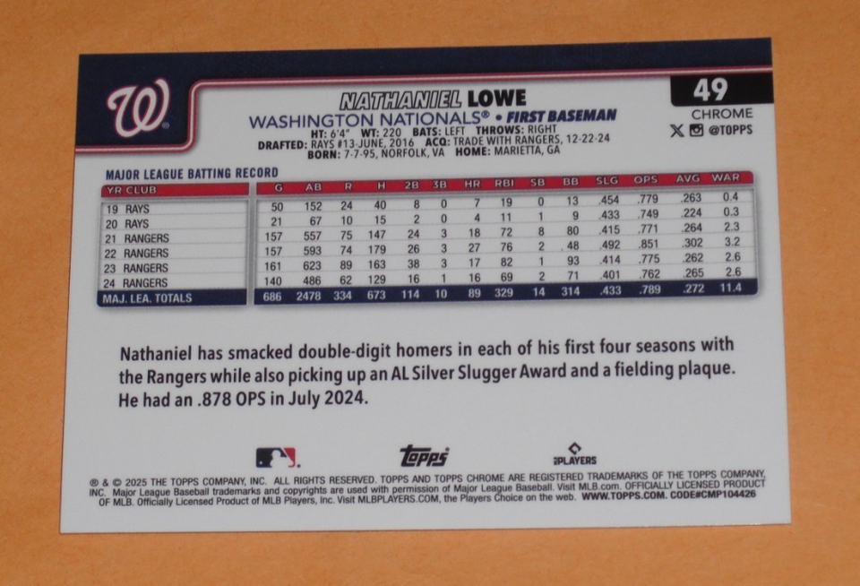 2025 Topps Chrome Nathaniel Lowe Base Card #49 Washington Nationals | eBay