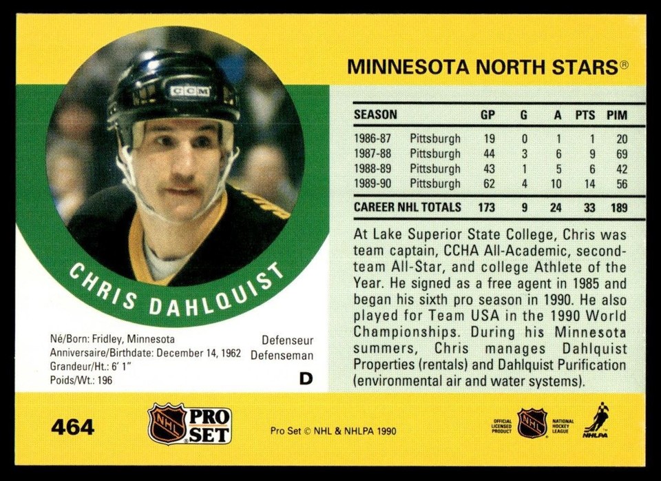 1990-91 Pro Set Chris Dahlquist Rookie Minnesota North Stars #464 | eBay