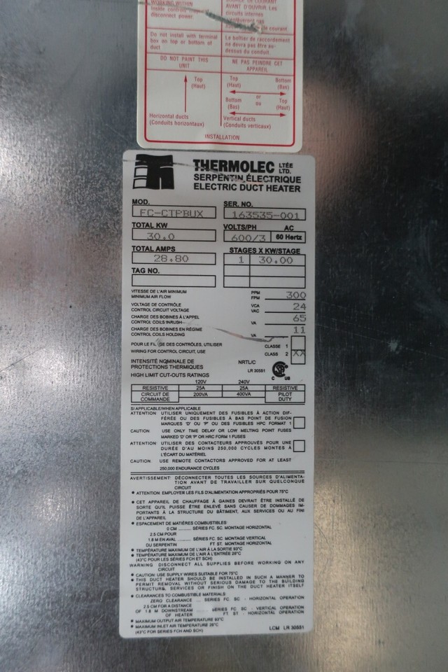 Thermolec FC-CTPBUX Electric Duct Heater 3ph 30kw 600v-ac | eBay