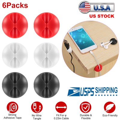 6X USB Adhesive Holder Organiser Desk Charger Lead Tidy Cord Cable Drop ...