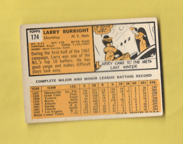 1963 Topps Larry Burright #174 New York Mets GOOD Marked FREE SHIPPING ...