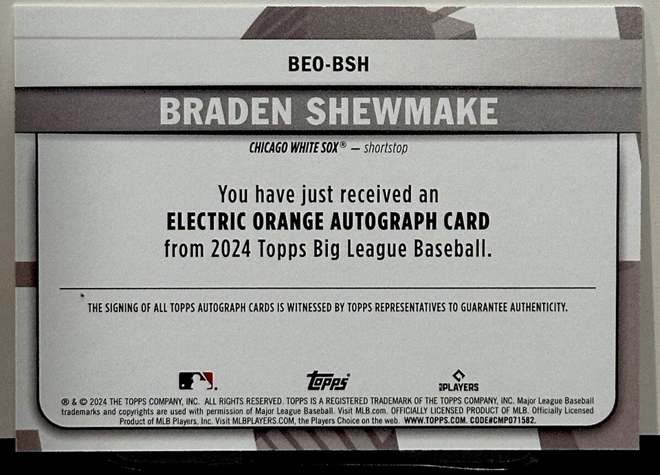2024 Topps BL-Electric Orange Foil Autographs #BEO-BSH Braden Shewmake ...