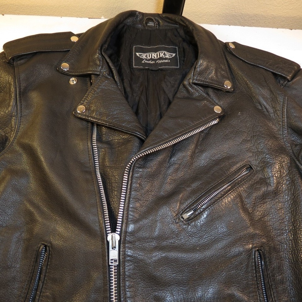 UNIK LEATHER MOTORCYCLE BIKER BELTED JACKET Sz 44 Black Vintage | eBay