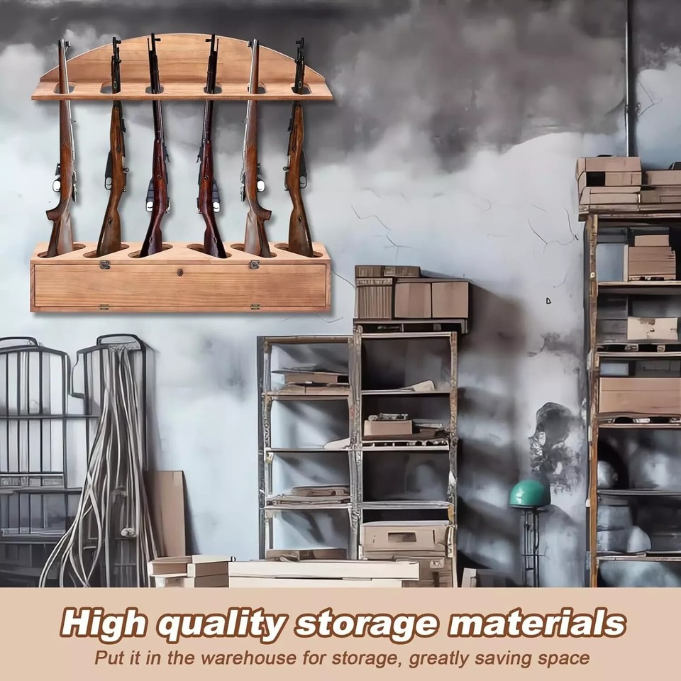 Wood Gun Rack Wall Mount Gun Display Rack Storage Compartment Holds 6 ...