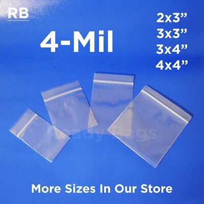 Clear Zip Lock Plastic 2x3" 3x3" 3x4" 4x4" RECLOSABLE Bags 4-Mil ...