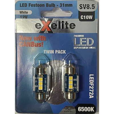 EXELITE LED Festoon Bulb Twin Pack 31mm White 12V C10W 6500K 150 Lumens ...