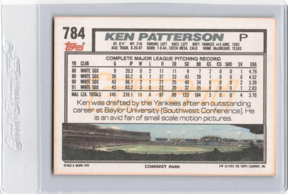 KEN PATTERSON 1992 TOPPS GOLD WINNER WHITE SOX K3 | eBay