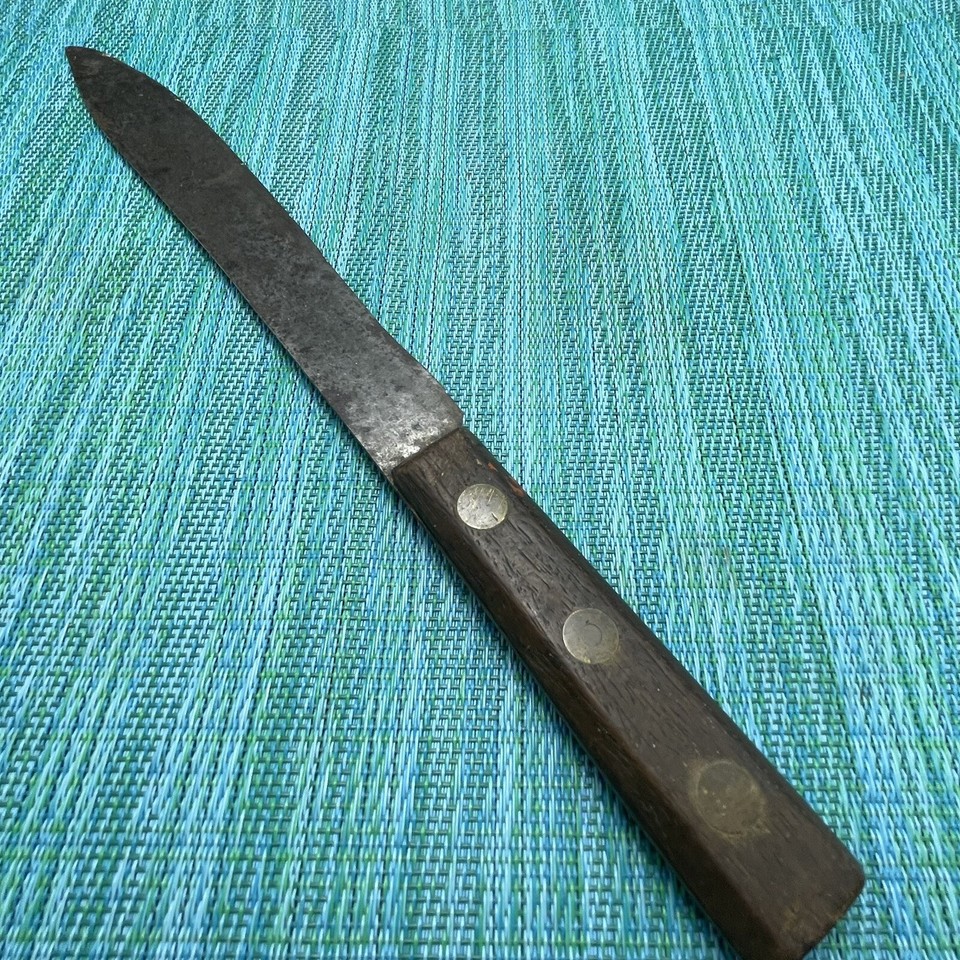 Vtg Carving Butcher Knife 9” Blade Full Tang Dark Wood Handle Rivets ...