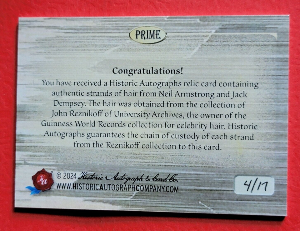 NEIL ARMSTRONG HAIR STRAND RELIC CARD #4/17 JACK DEMPSEY BOXER 2024 ...