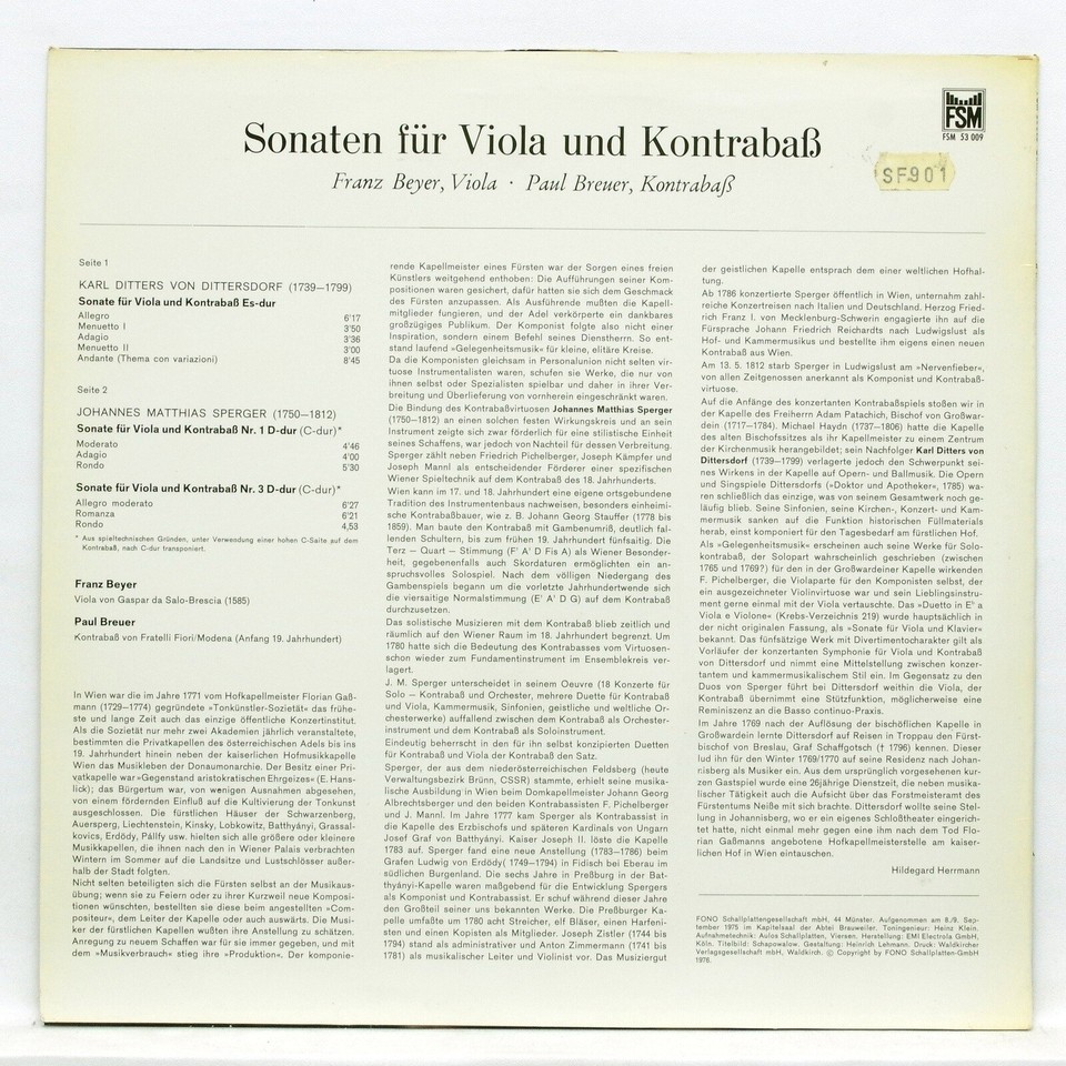 FRANZ BEYER, PAUL BREUER - DITTERSDORF & SPERGER viola & double bass ...