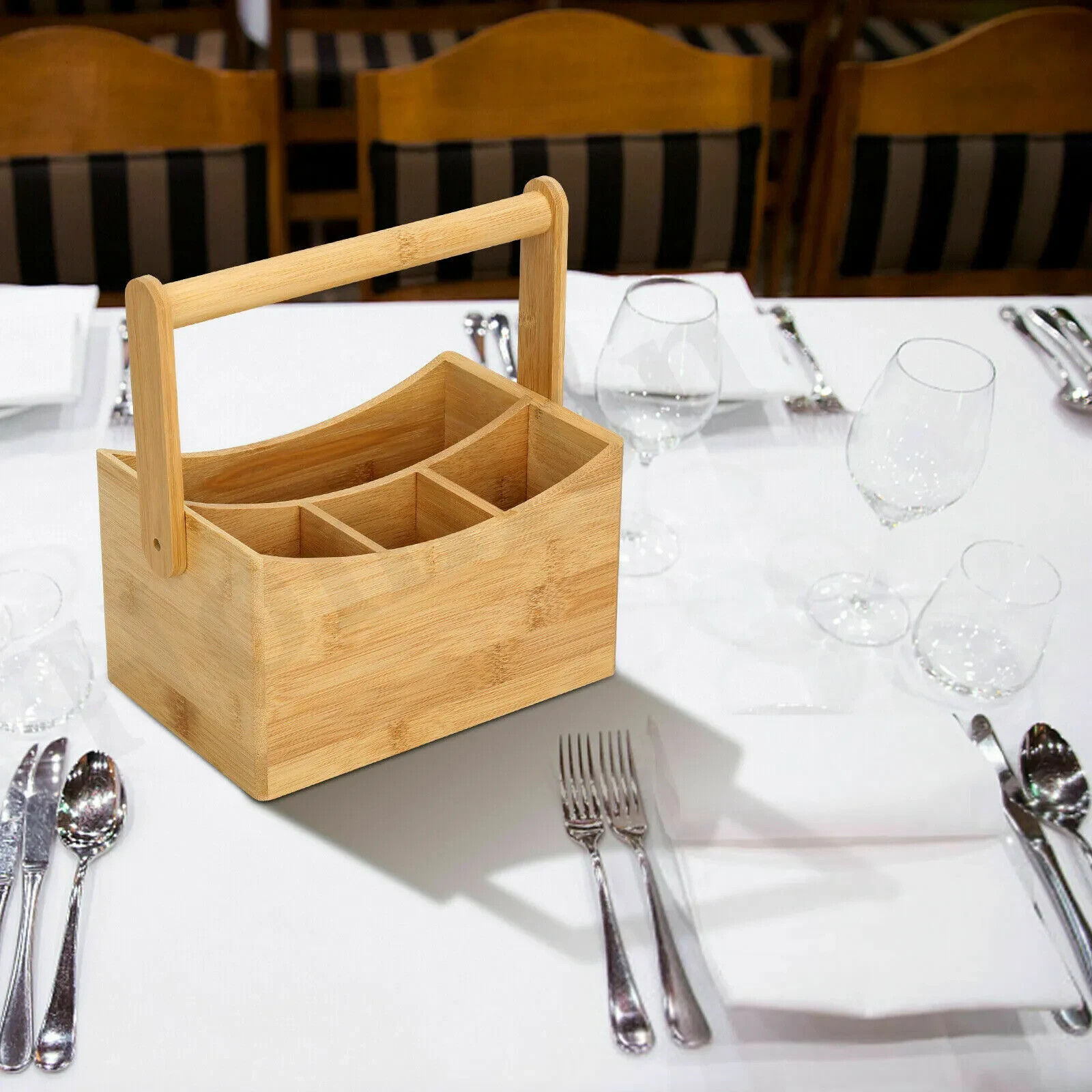 4 Compartment Bamboo Cutlery Caddy Utensil Rack Condiments Holder ...